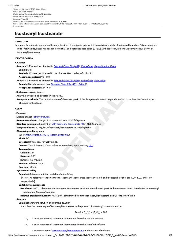 Isostearyl Isostearate USP-NF Document | PDF | Chromatography | Chemistry