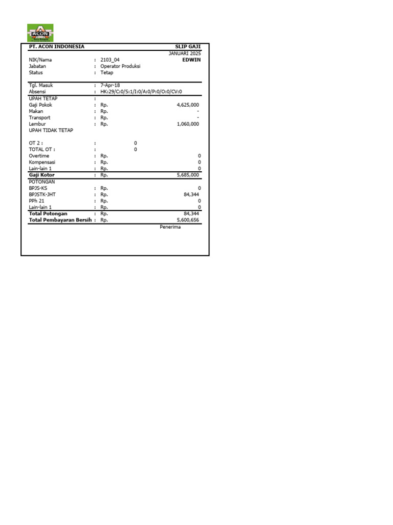 Slip Gaji PT. ACON INDONESIA | PDF