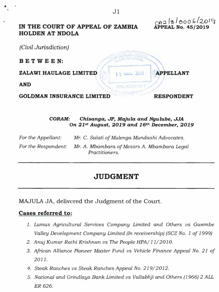 Zalawi Haulage Ltd vs Goldman Insurance Appeal | PDF | Appeal | Legal ...