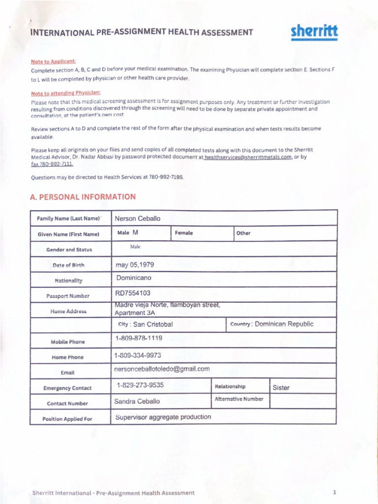 International Pre-Assignment Health Assessment (2024) | PDF