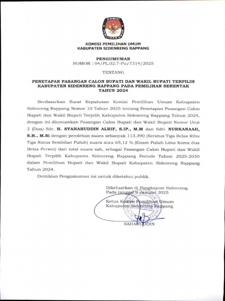 Pengumuman Penetapan Pasangan Calon Bupati Dan Wakil Bupati Terpilih Kab. Sidrap Tahun 2024 | PDF