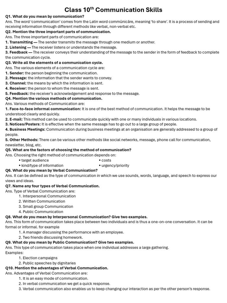 Communication Skills Class 10th | PDF | Part Of Speech | Communication