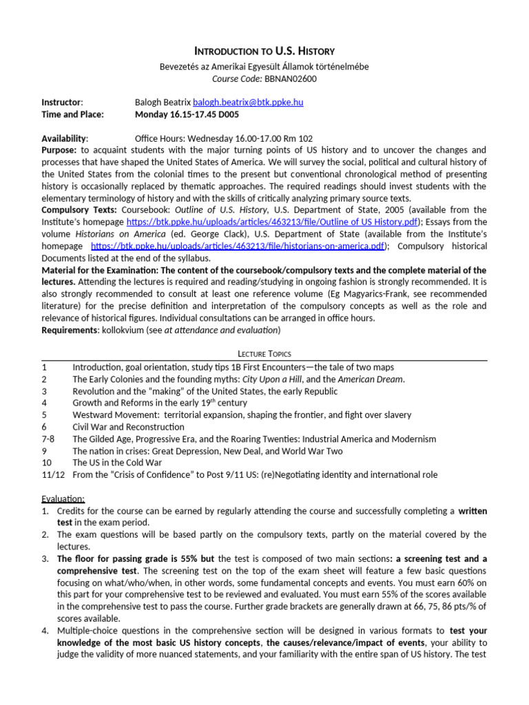 BBNAN02600 Intro To US History Survey Course Spring 2025 - Balogh | PDF ...