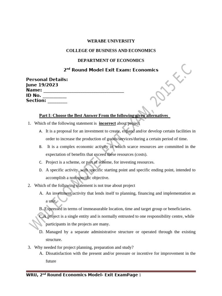 Werabe Univ MODEL-EXIT EXAM | PDF | Monopoly | Regression Analysis