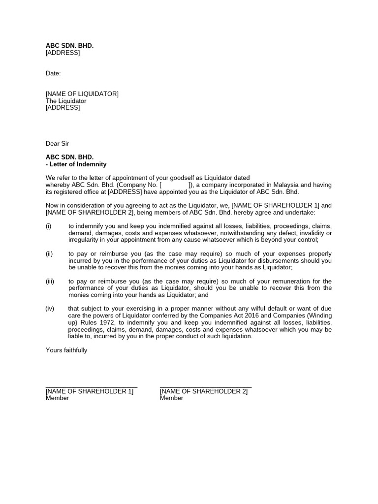 Indemnity Letter for Liquidator Role | PDF