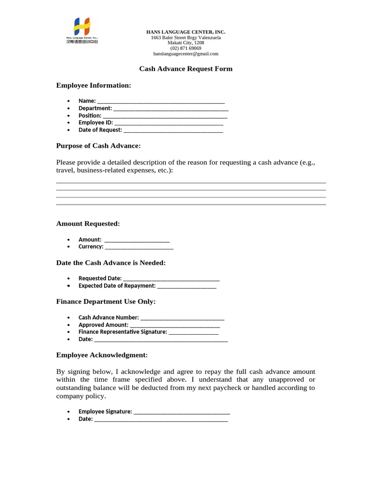 HLC Cash Advance Request Form | PDF
