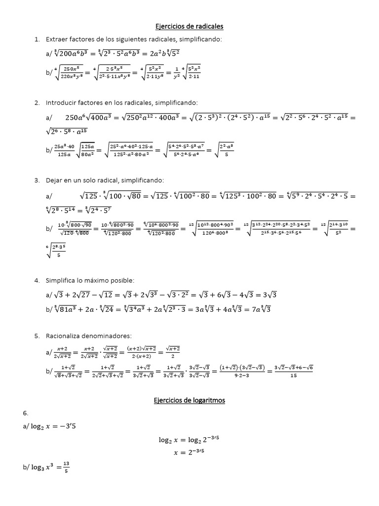 Ejercicios de radicales y logaritmos 1 (solucionado) | PDF