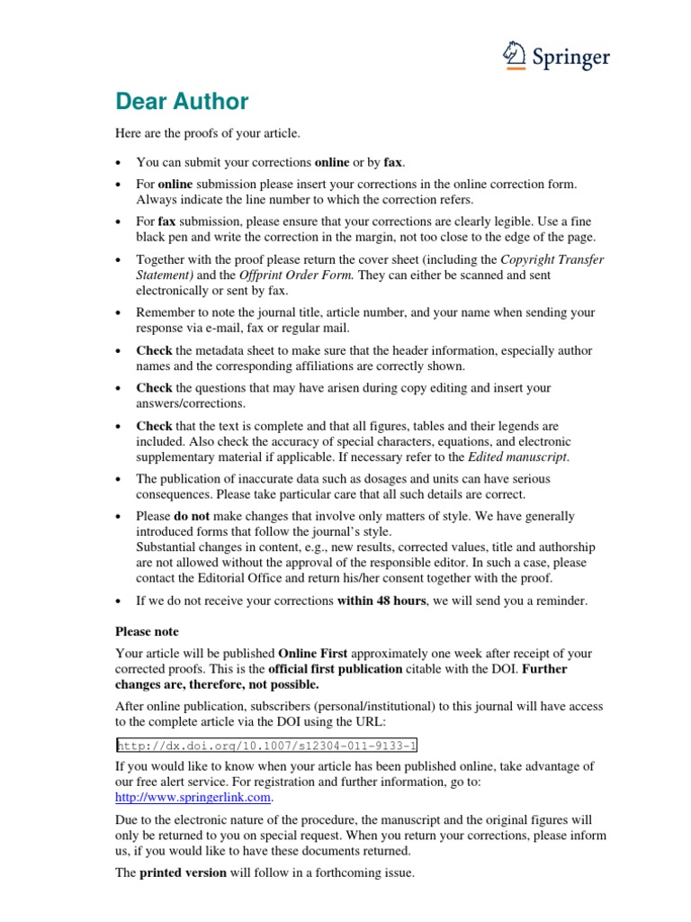 Dear Author: Statement) and The Offprint Order Form. They Can Either Be ...