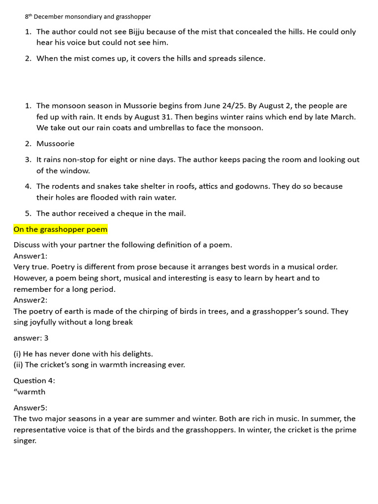 8th Monsoon Diary and Grasshopper | PDF