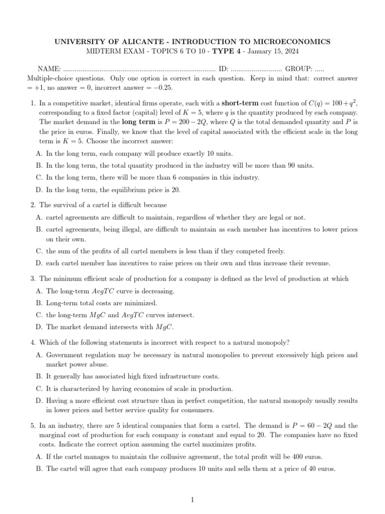 Microeconomics Midterm Exam | PDF | Profit (Economics) | Monopoly