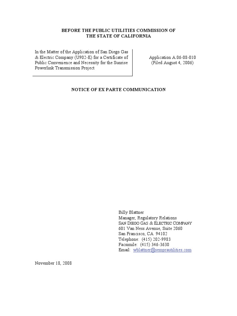 SDGE Ex Parte Notice | PDF | Ex Parte | Renewable Energy