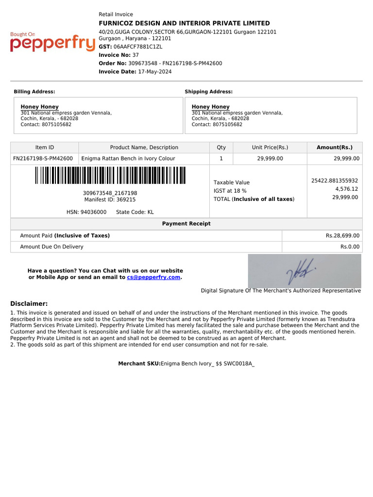 Retail Invoices for Furnicoz Products | PDF | Receipt | Invoice