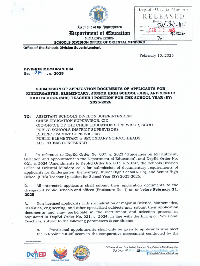 DM019 Submission of Documents of Applicants For Kindergarter Elementary ...