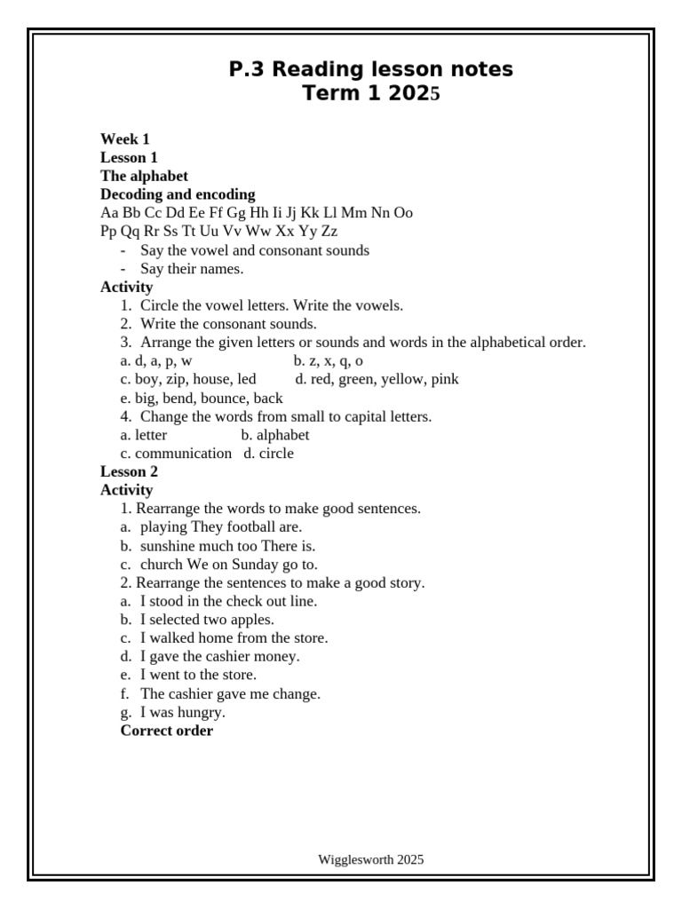 P.3 Reading Lesson Notes Term 1 2025 | PDF