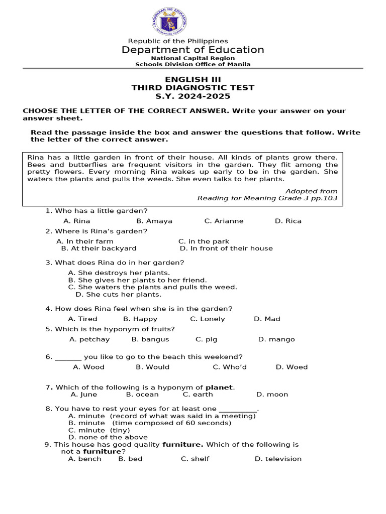 English III Third Diagnostic Test 2024-2025 | PDF