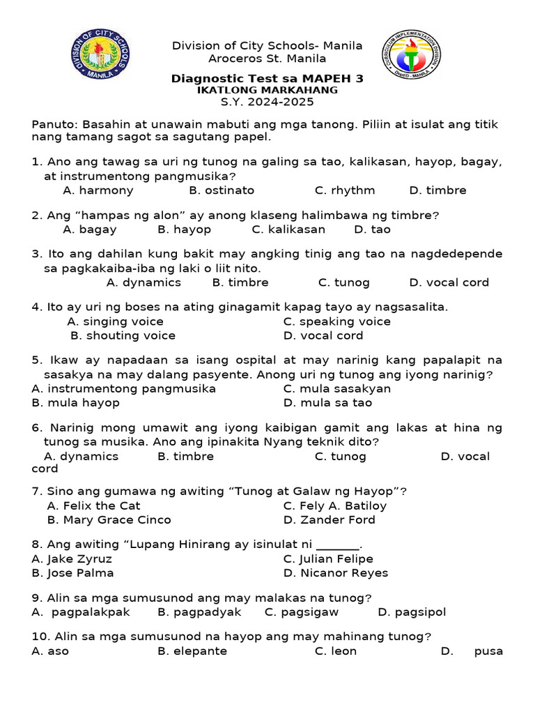 MAPEH-3-Q3-Diagnostic-Test-2024-2025 | PDF
