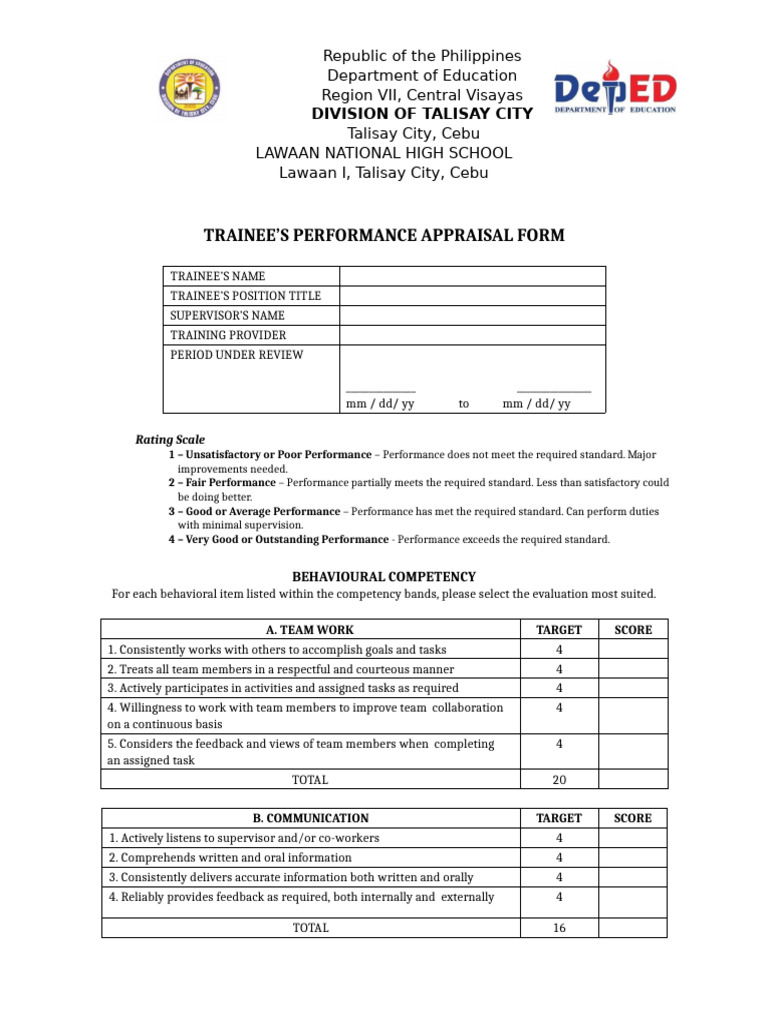 Trainee Performance Appraisal Form | PDF | Psychological Resilience ...