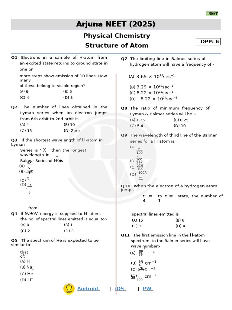 Structure Of Atom Dpp 06 Of Lecture 09 Arjuna Neet 2025 Pdf