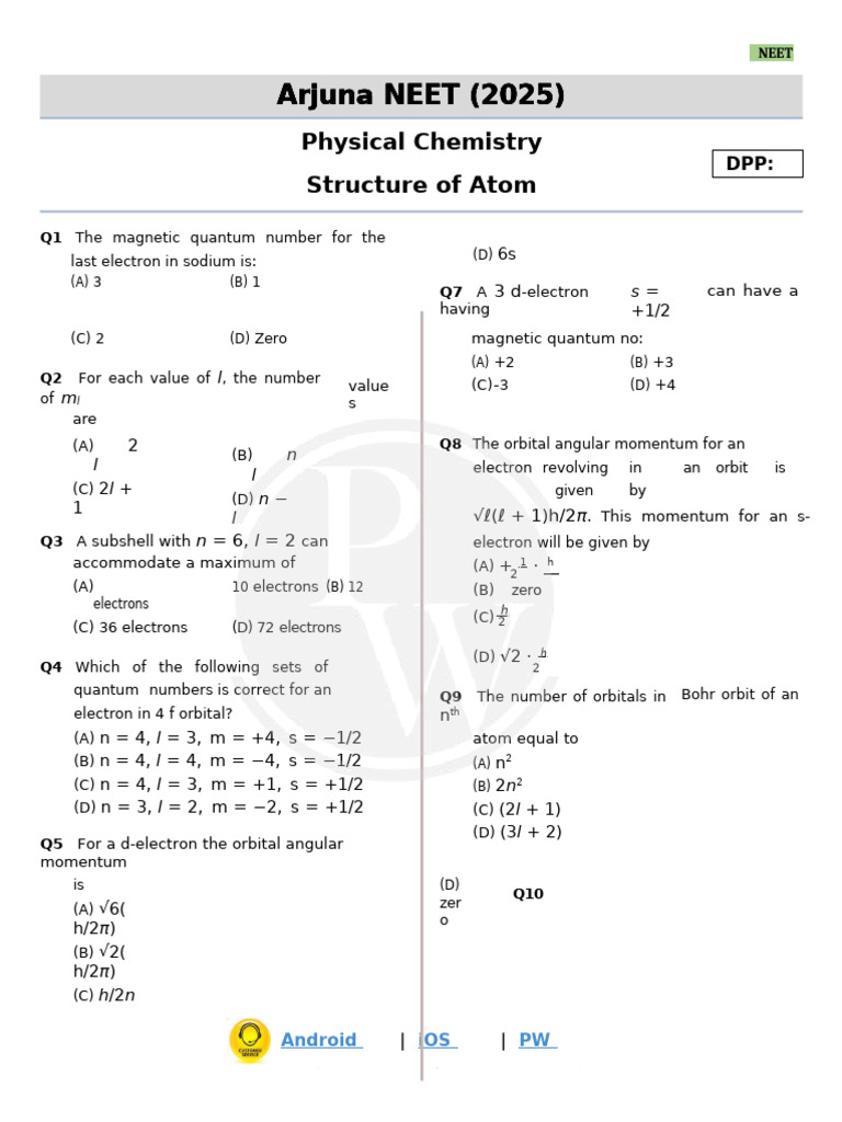 Structure of Atom DPP 10 of Lecture 14 Arjuna NEET 2025 | PDF | Electron Configuration | Atomic ...