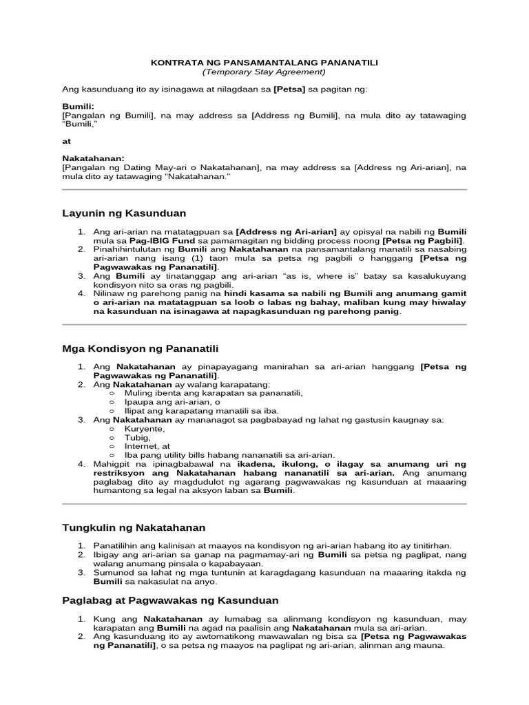 Kontrata NG Pansamantalang Pananatili | PDF