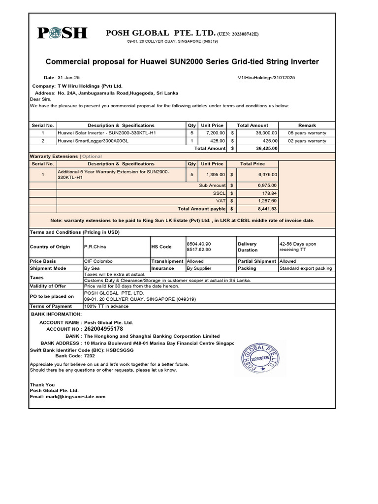 V1 - Huawei Solar Inverter Quotation - T W Hiru Holdings - Posh Global ...