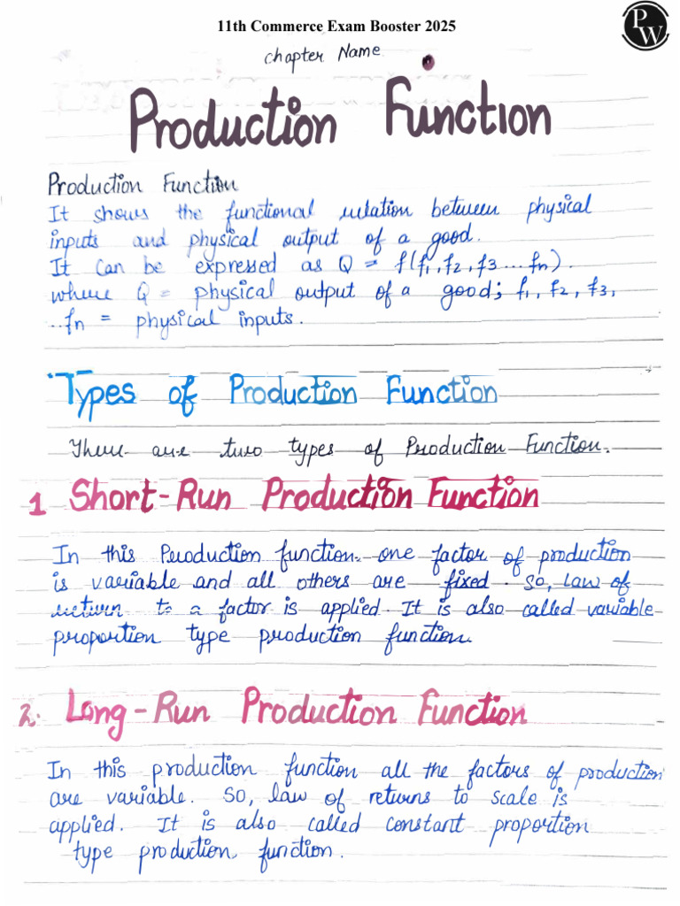 Production Function - Handwritten Notes | PDF