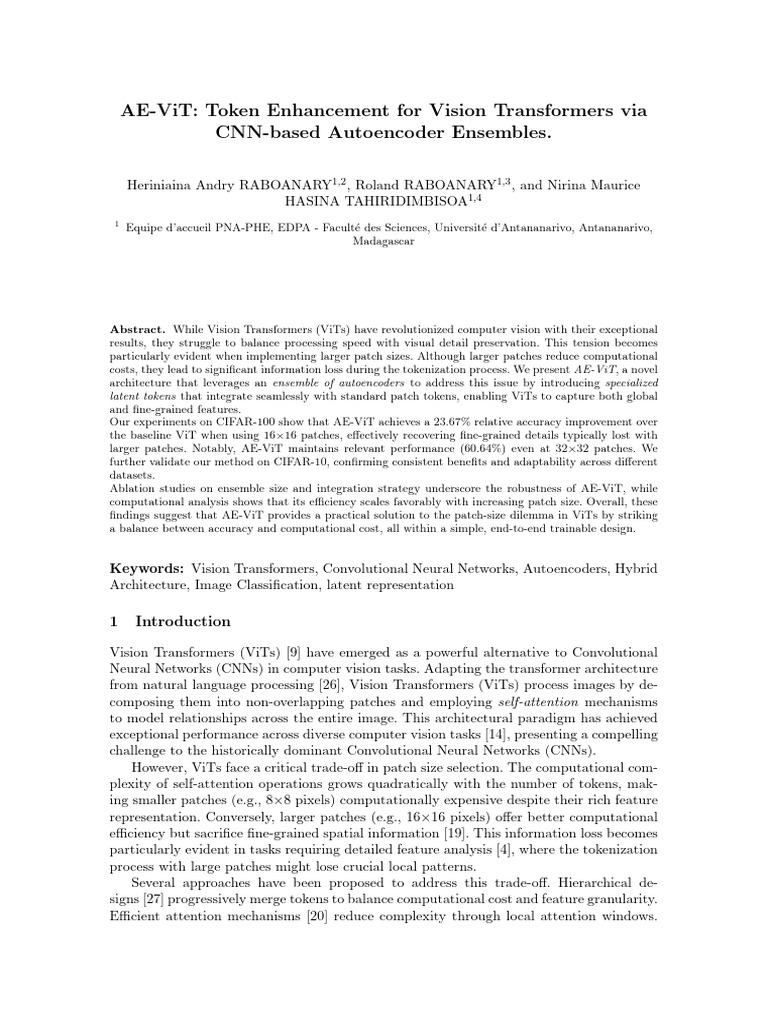 AE-ViT: Token Enhancement For Vision Transformers Via CNN-based Autoencoder Ensembles. | PDF ...