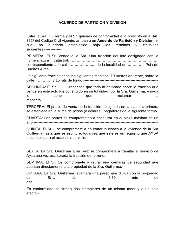 Acuerdo de Particion y Division | PDF