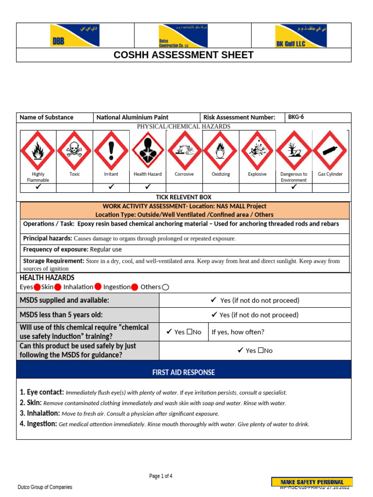 WP-HSE-018-FRM-01 - COSHH Assessment Sheet Issue2.0 - Aluminium Paint | PDF | Safety ...