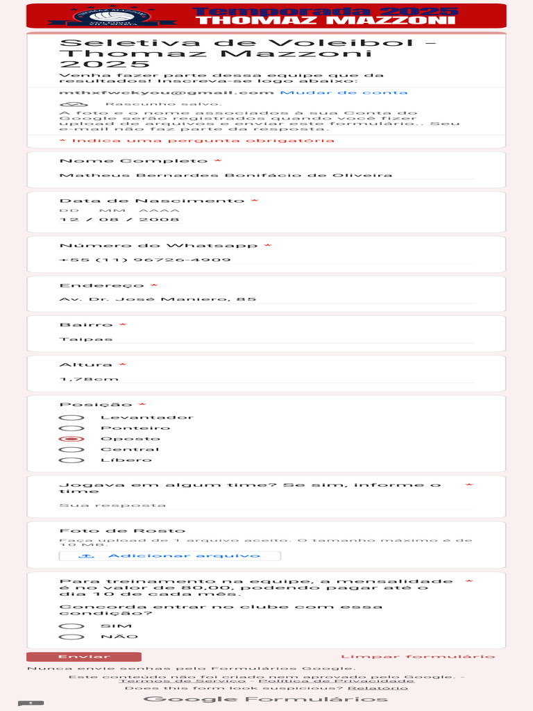 Seletiva de Voleibol - Thomaz Mazzoni 2025 | PDF