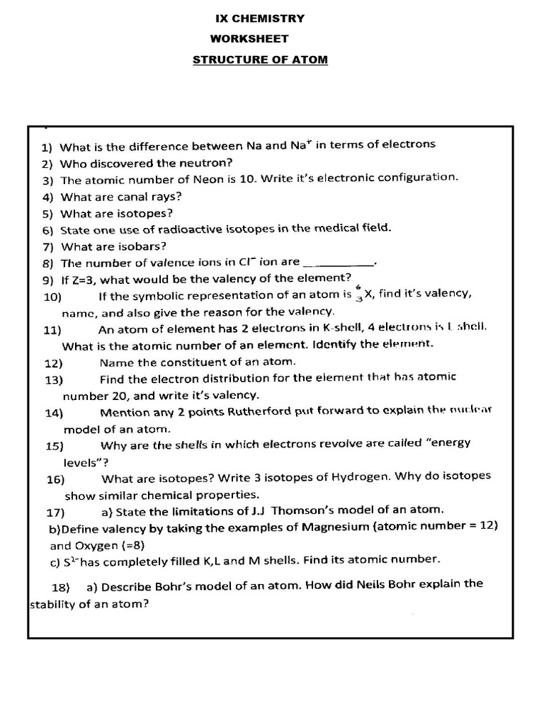 Class 9 Chemistry LESSON4 Structure of Atom WORKSHEET 1 | PDF