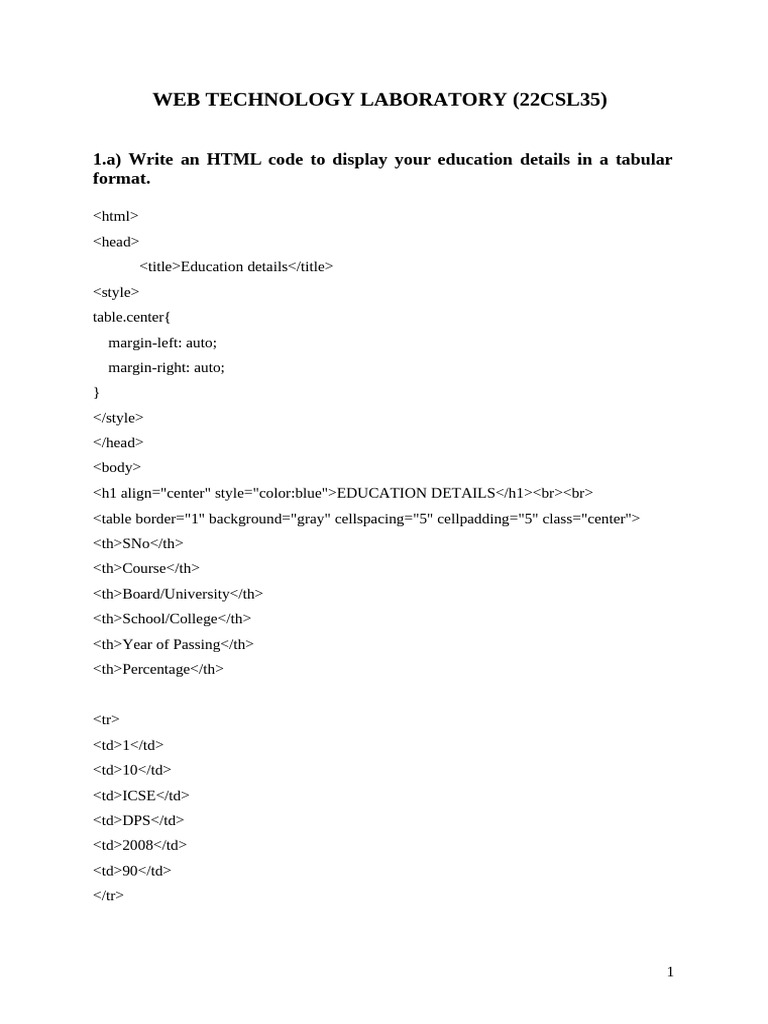 Web Technology Laboratory (22Csl35) | PDF