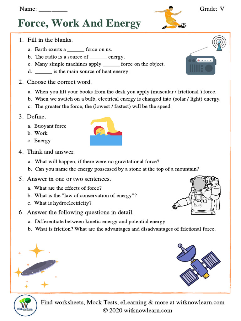 Grade 5 Force, Work, and Energy Worksheet | PDF