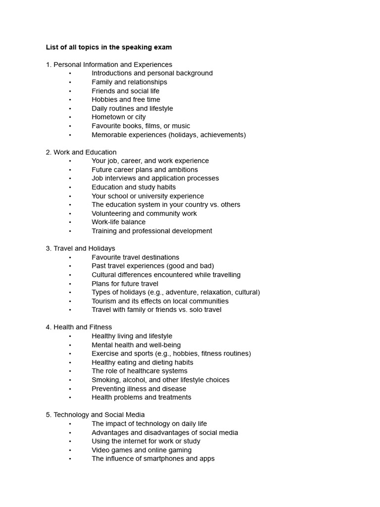 List of All Topics in The Speaking Exam | PDF | Cost Of Living ...