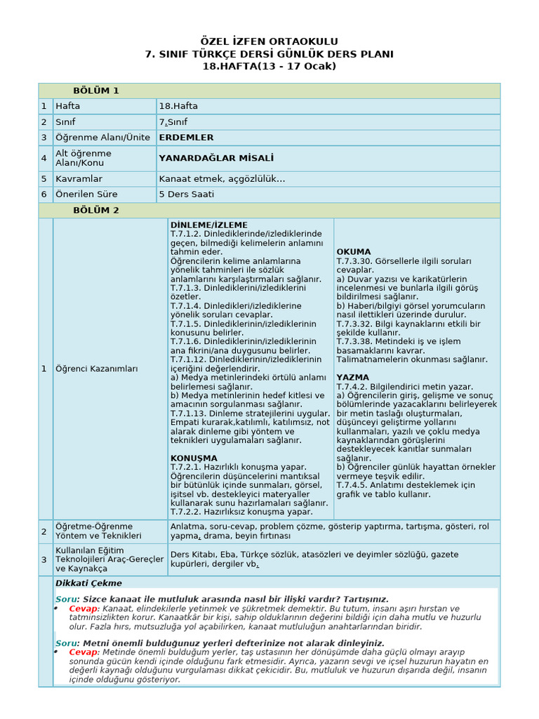 7 Sinif Turkce Meb Yay Marti 18 Hafta Gunluk Plani 1737617582 | PDF