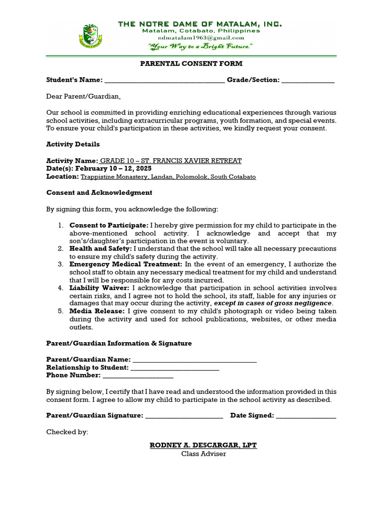 Grade 10 Retreat Parental Consent Form | PDF