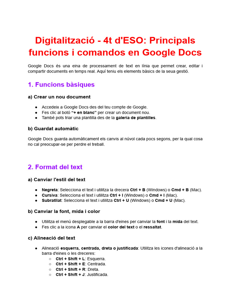 Digitalització - 4t dESO - Principals Funcions I Comandos en Google Docs | PDF