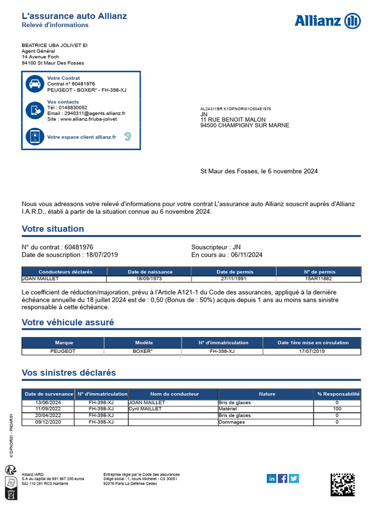 Relevé d'information assurance auto Allianz | PDF | Assurance | Véhicules