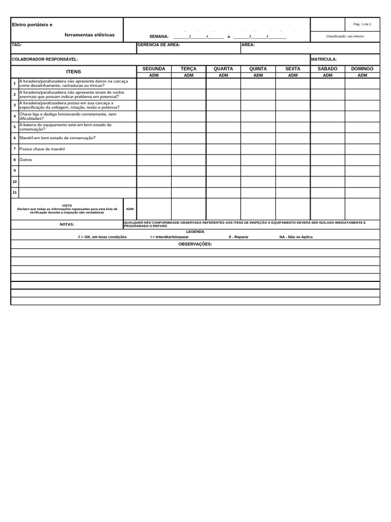 Check List Furadeira.Parafusadeira Manual a bateria | PDF