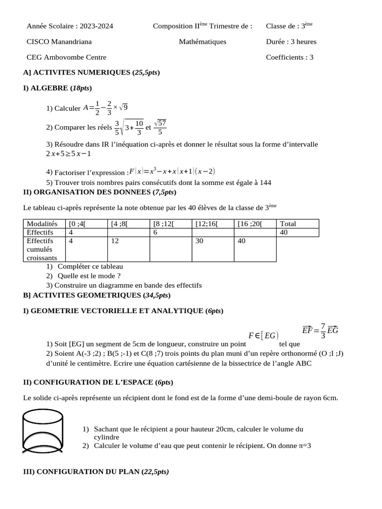 Mathématiques 3ème : Composition Trimestrielle | PDF | Triangle | Cercle
