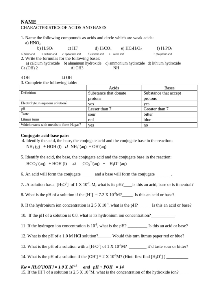 Acids and Bases: Characteristics & Calculations | PDF | Acid | Ph