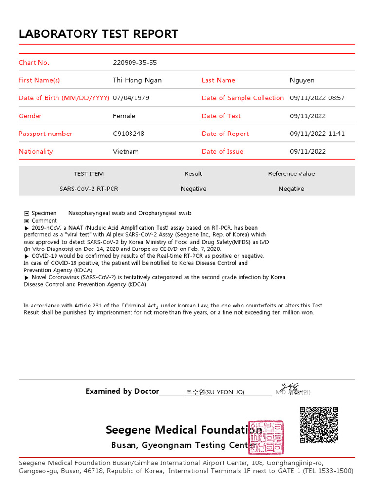 Laboratory Test Report: Seegene Medical Foundation | PDF