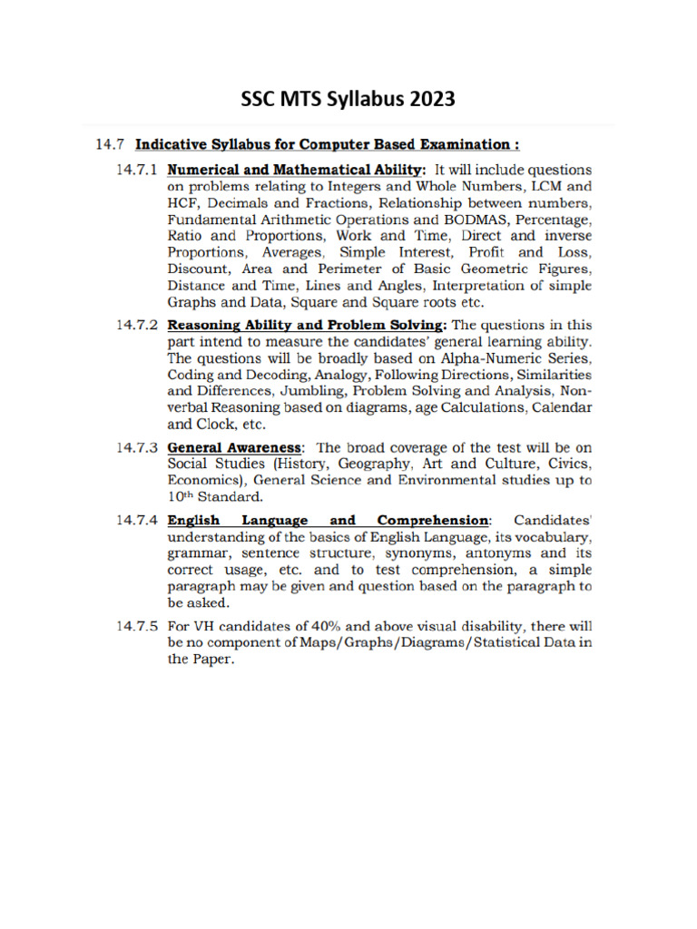 SSC MTS Syllabus 2024 | PDF