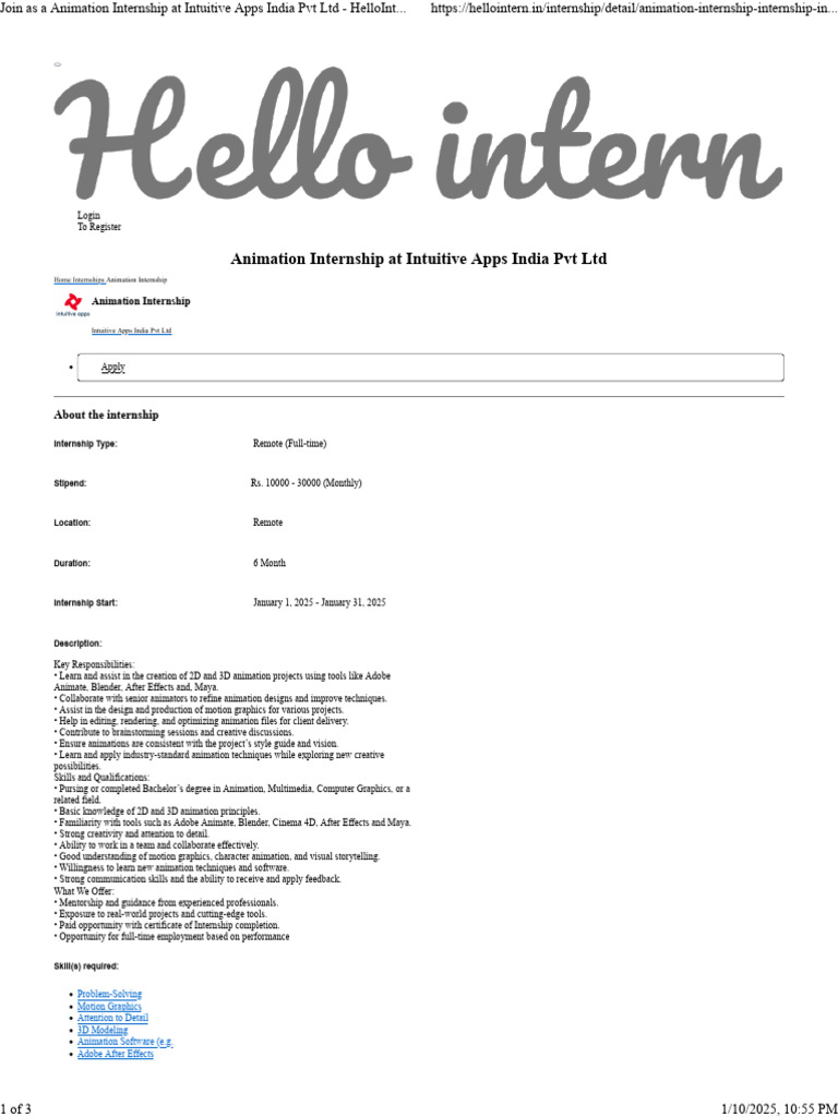 Join As A Animation Internship at Intuitive Apps India PVT LTD ...