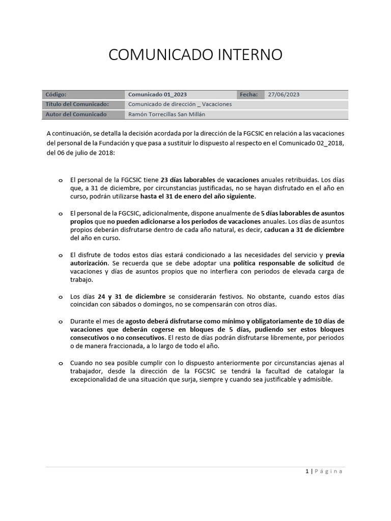 Comunicado Interno Fgcsic Vacaciones y Asuntos Propios | PDF