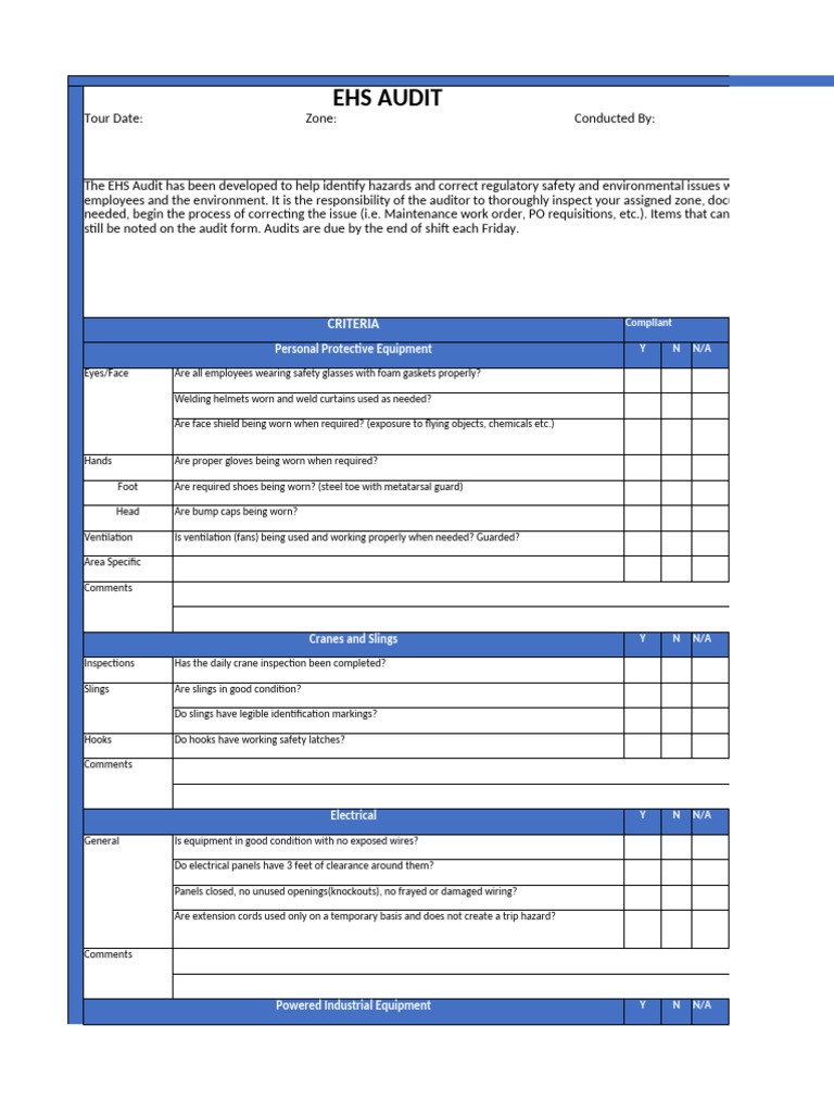 EHS Audit Form | PDF | Personal Protective Equipment | Safety