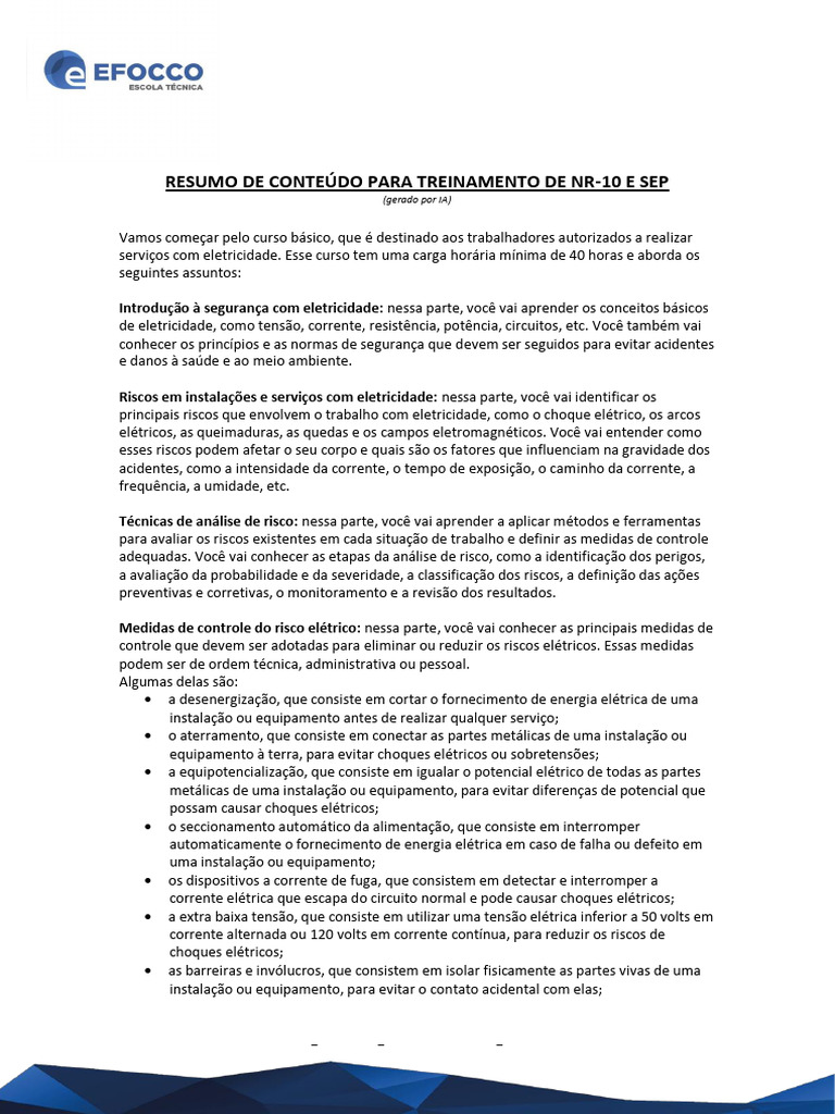 Resumo de NR-10 e SEP para Treinamento | PDF | Eletricidade | Aprendizado