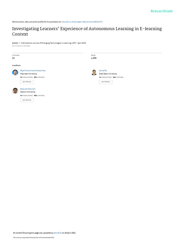 Investigating Learners' Experience of Autonomous Learning in E-Learning ...