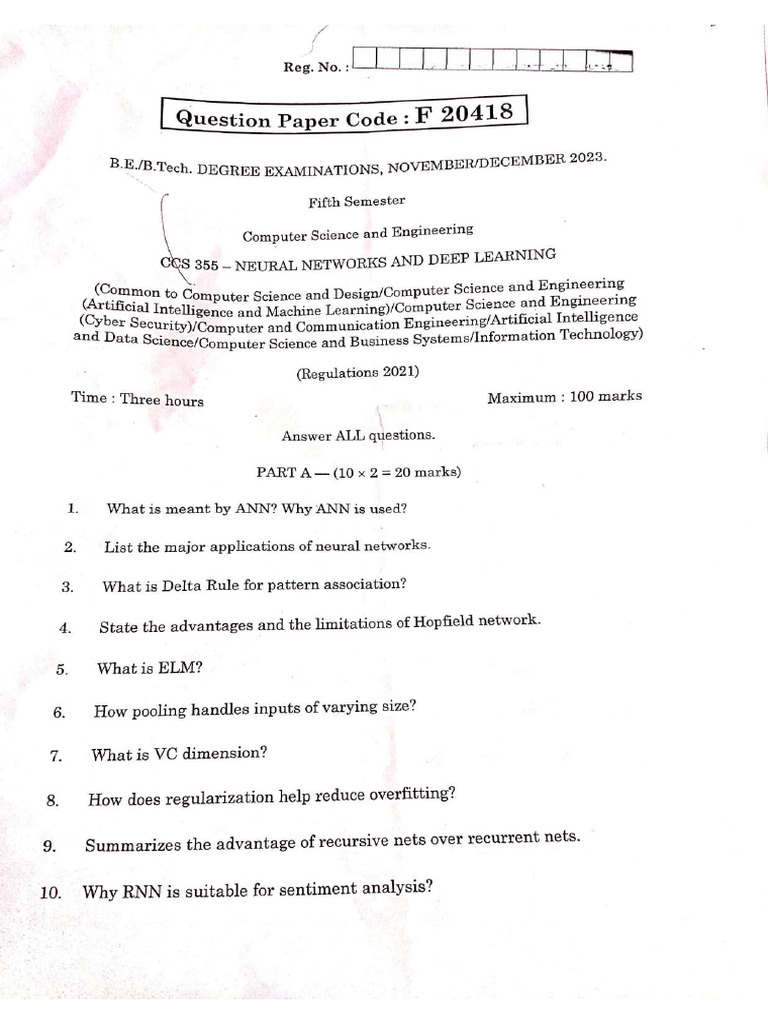 CSE 5th Semester - Neural Networks and Deep Learning - CCS355 2021 Regulation - Question Paper ...