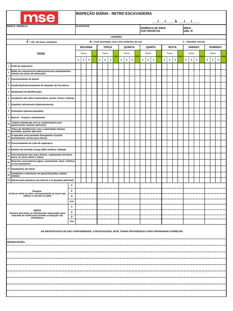 Check List Retro Escavadeira | PDF | Veículos